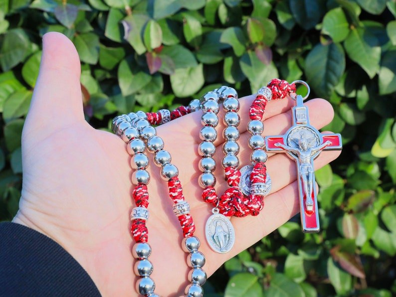 "Solid Stainless Steel Rosary with Holy Spirit Crucifix and Red ...