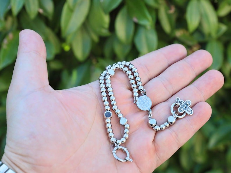 Stainless Steel Rosary Bracelet with Four Way Cross St. Benedict Medal Medjugorje Jewelry